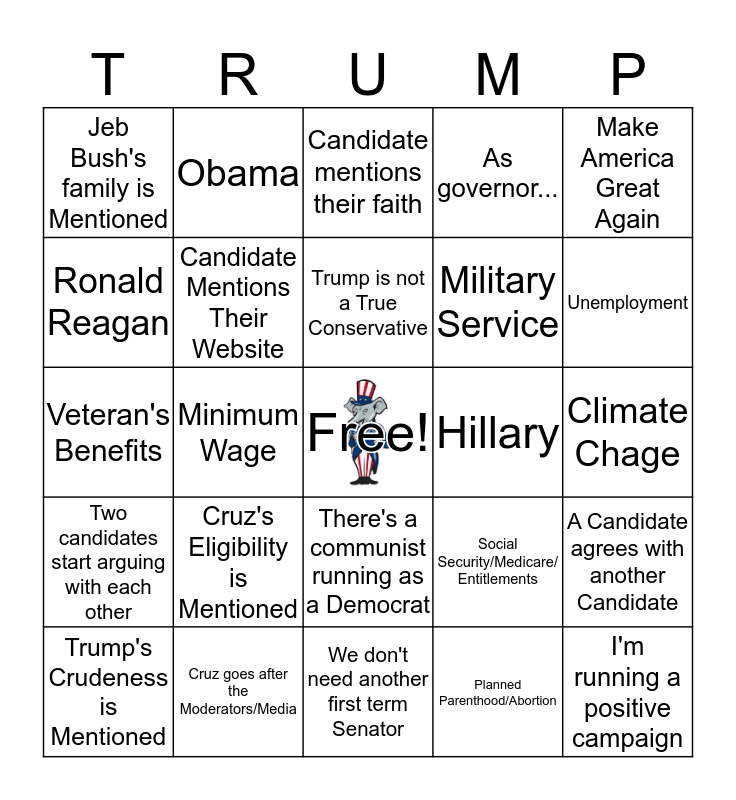 Republican Debate February 13 Card # 1 Bingo Card
