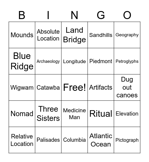 Native American and Geography Bingo Card