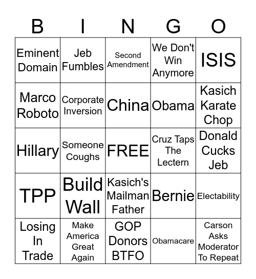 South Carolina GOP Debate Bingo Card