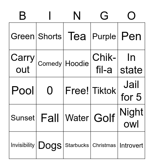Personality Bingo Card