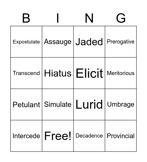 Unit 1 Vocabulary Bingo Card