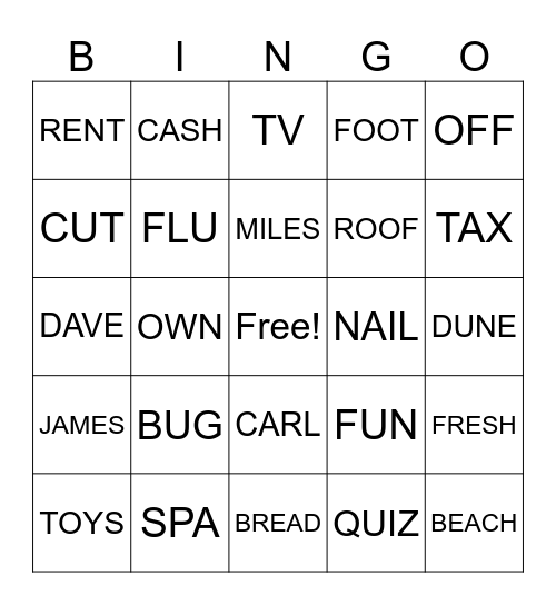 Short Words And Names Bingo Card Short Words And Names Bingo Card