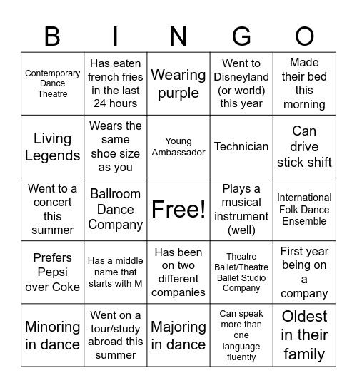 WORLD OF DANCE BINGO Card