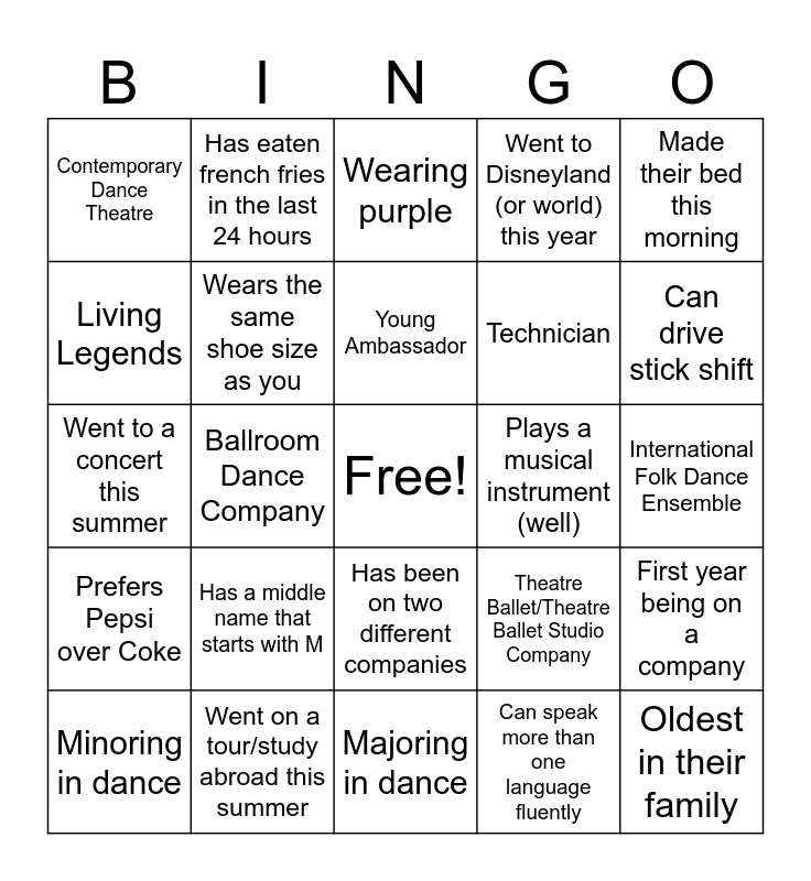 WORLD OF DANCE BINGO Card