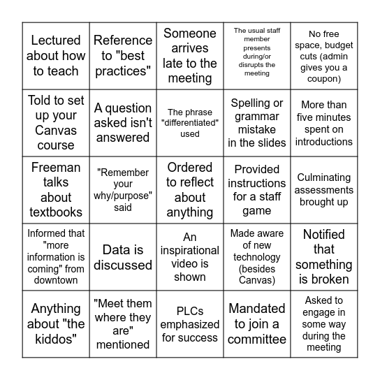 Faculty Meeting Bingo Card