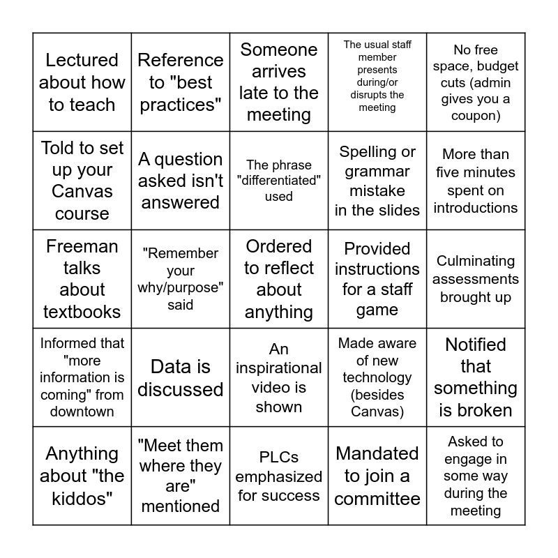 Faculty Meeting Bingo Card