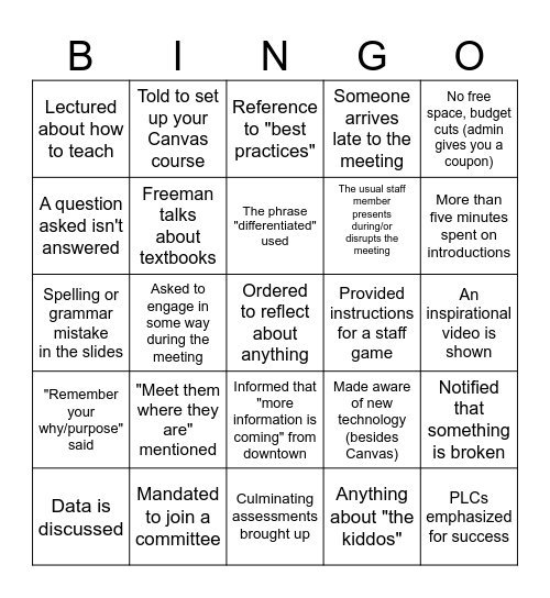Faculty Meeting Bingo Card