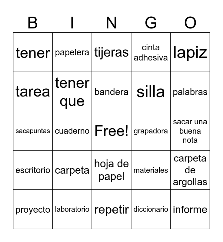 spanish Bingo Card
