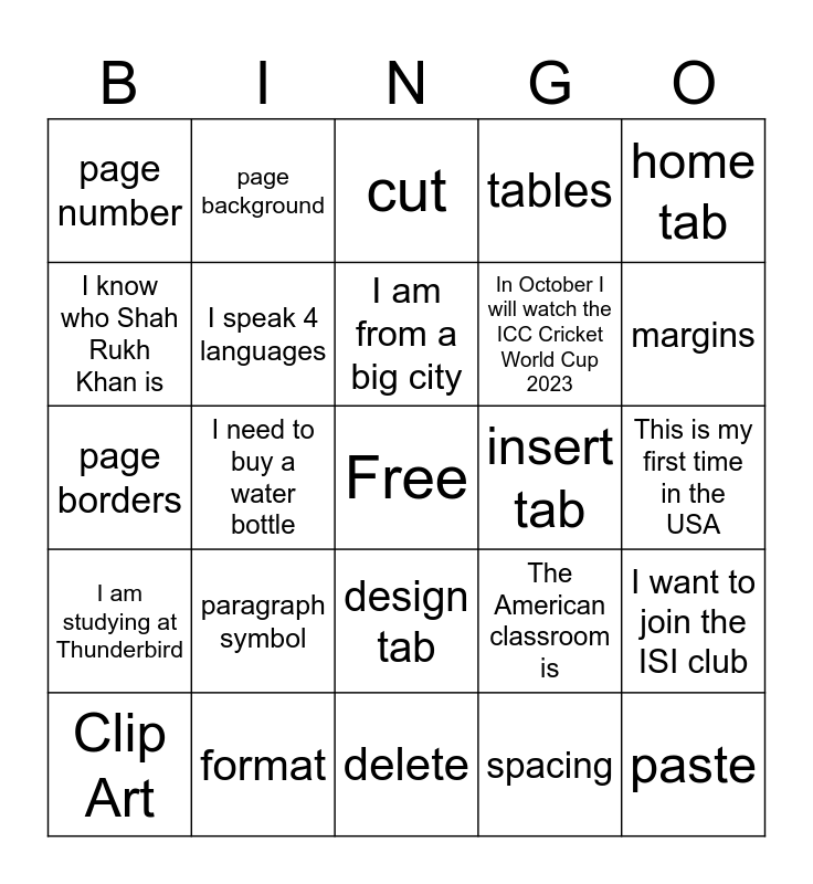 Microsoft Word Bingo Card