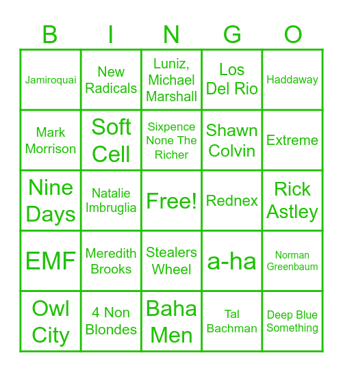 One Hit Wonders Bingo Card