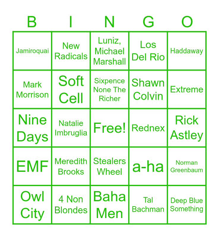 One Hit Wonders Bingo Card