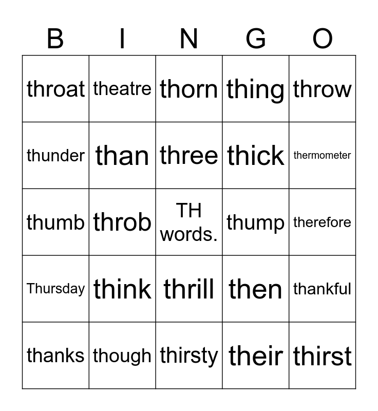 Words that begin with 'th' Bingo Card