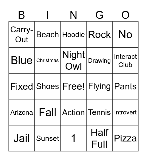 Personality Bingo Card