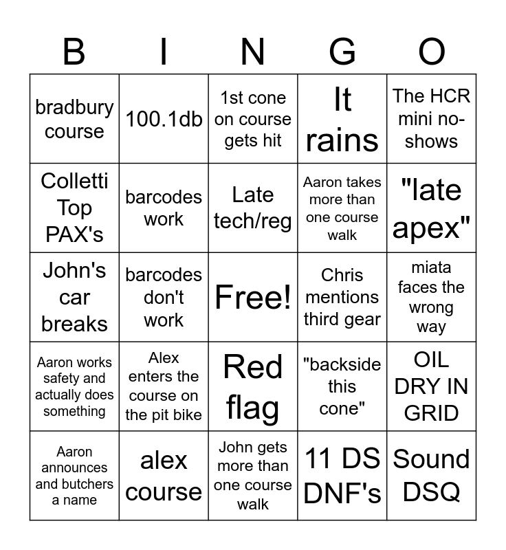 SCCA Autocross Bingo Card