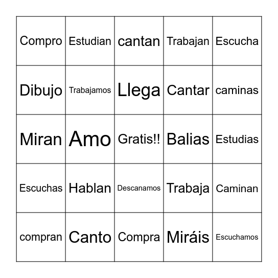 -AR Verbs Bingo (Conjugated Verbs Practice) Bingo Card