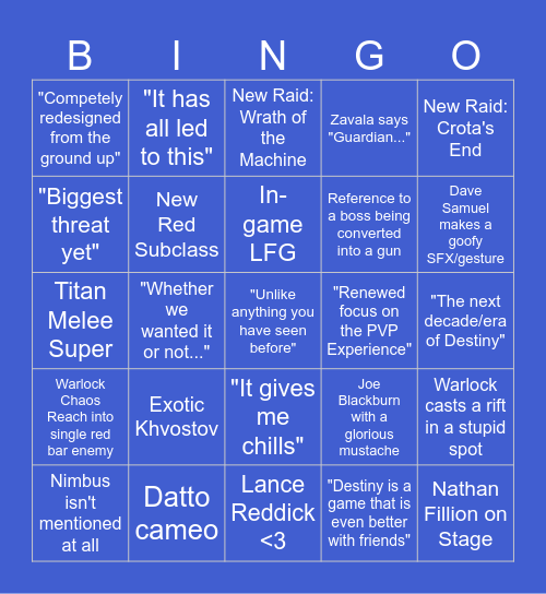 Destiny 2 Showcase Event 2023 Bingo Card