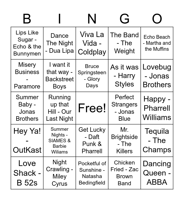 NSF Present Music Bingo Card