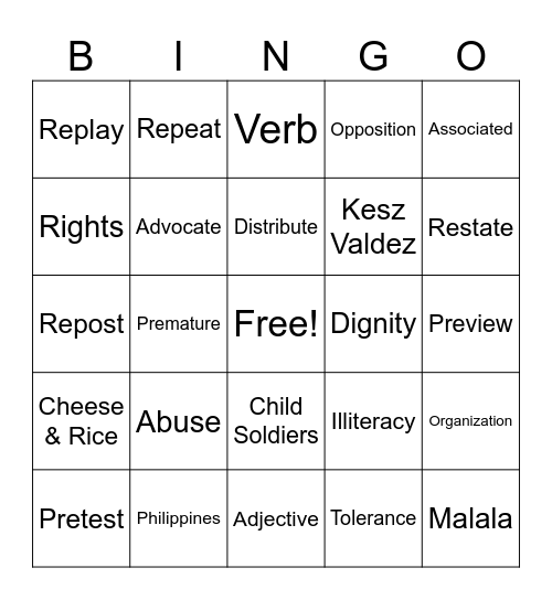 Vocabulary Quiz 1 Bingo Card