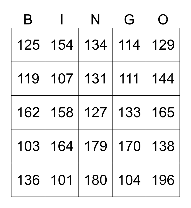 100-200 Numbers Bingo Card