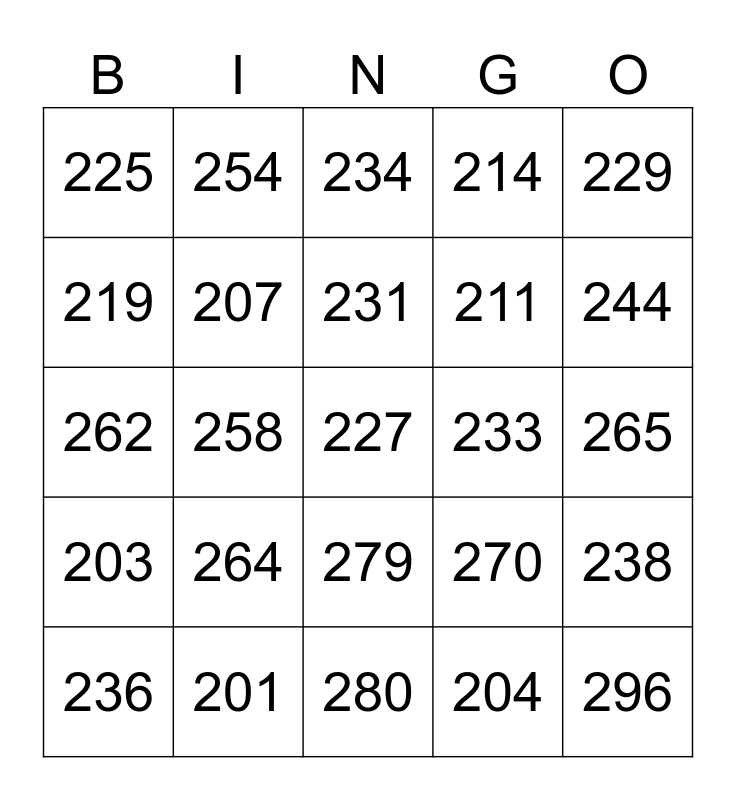 200-300 Numbers Bingo Card