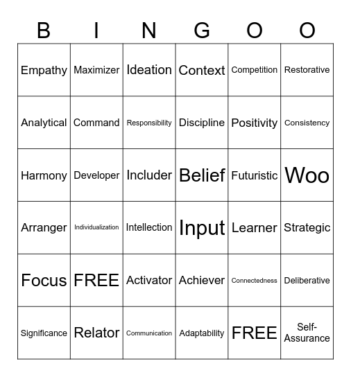 Strength Assessment Bingo Card