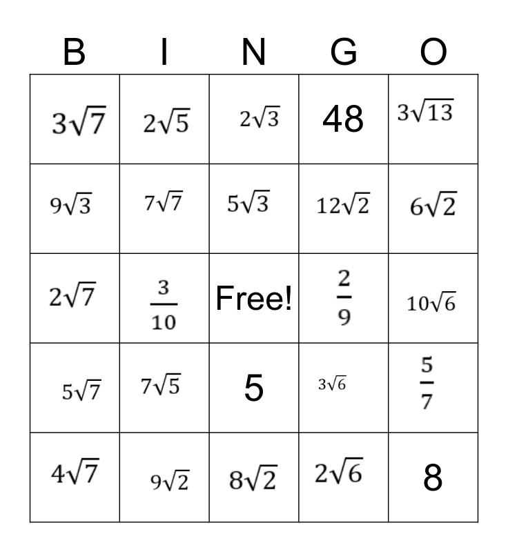 Simplifying Radicals Bingo Card