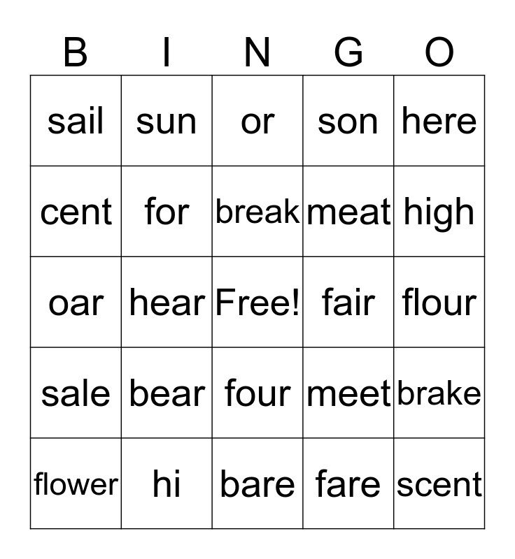 Homophone Bingo Card