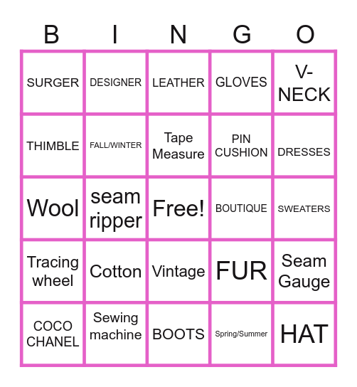 FASHION TERMS Bingo Card
