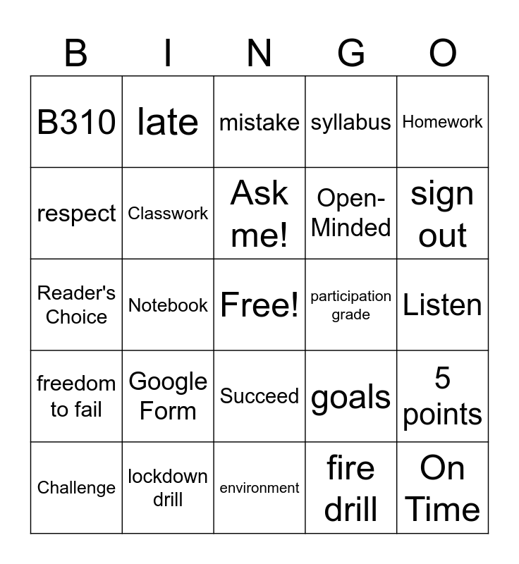 Class Expectations BINGO Card