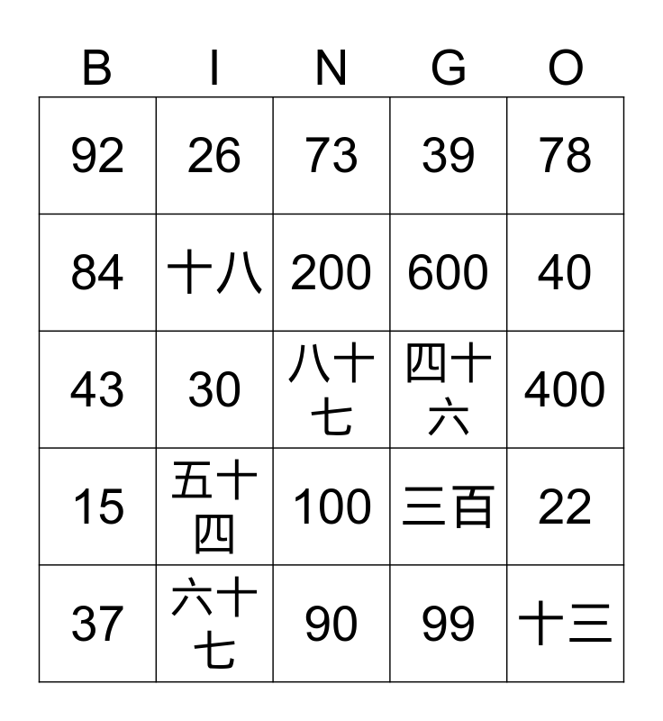 Pre-Unit Numbers Bingo Card