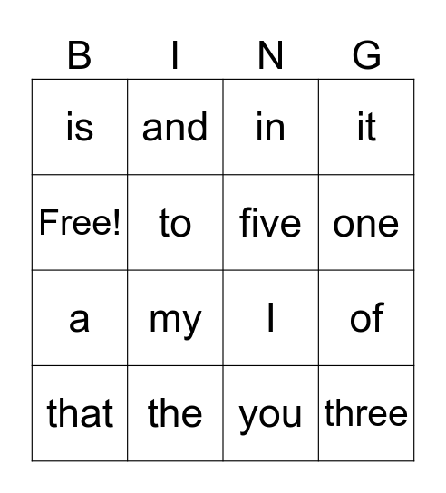 Most Common Words Bingo Card
