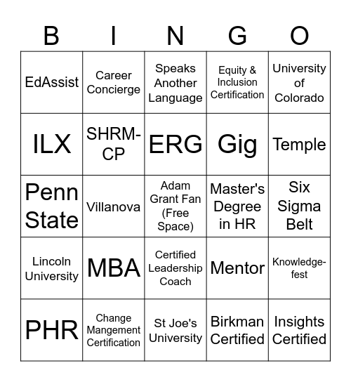 Career Development Bingo Card