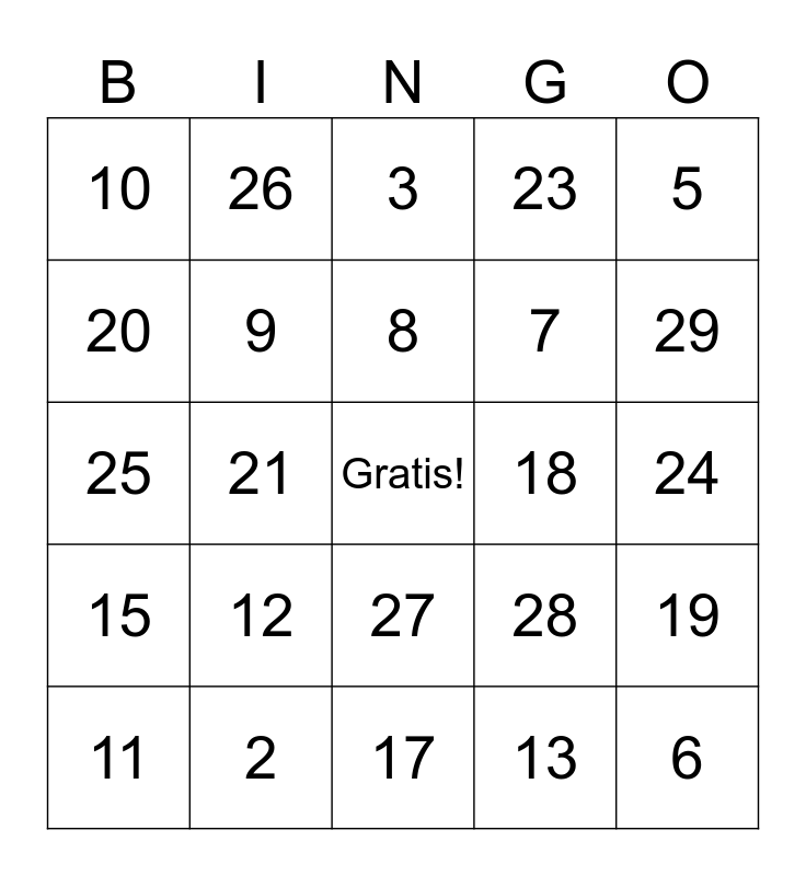 Bingo 1-30 Bingo Card