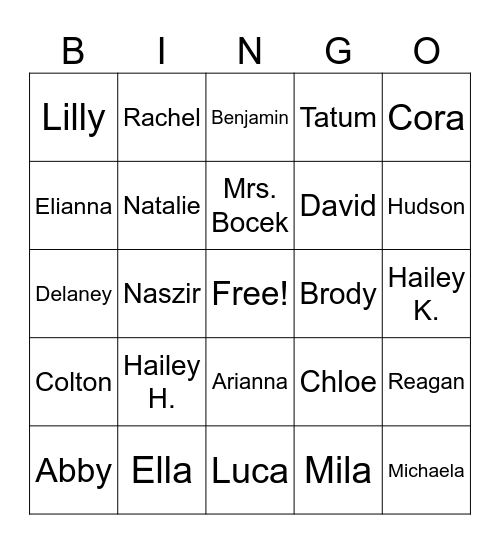 Class Name Bingo Card