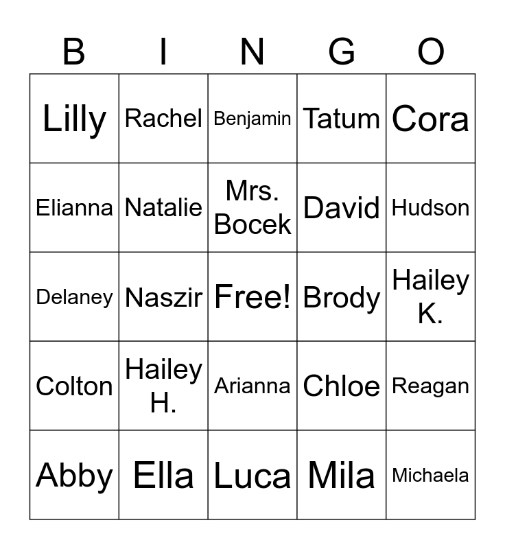 Class Name Bingo Card