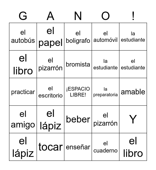Spanish 1 - Unit 1A - b Bingo Card