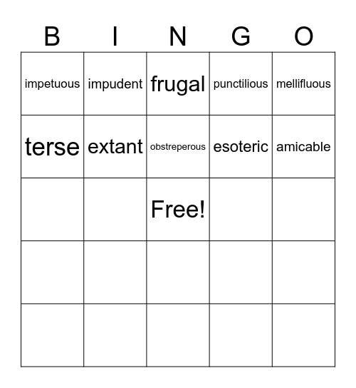 ACT Prep Set #1 Bingo Card