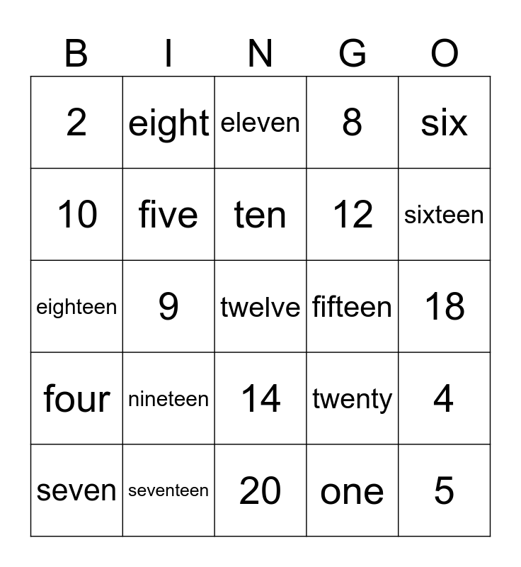 1-20 numbers Bingo Card