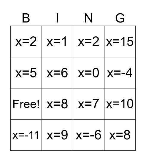Multi-Step Equation Bingo Card