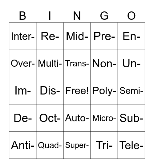 Common Prefixes Bingo Card