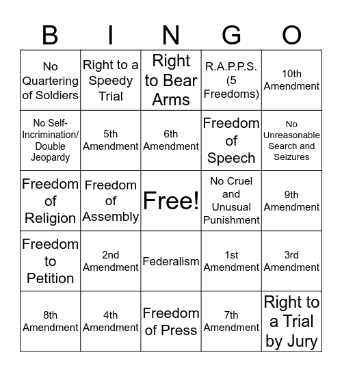 Bill of Rights Bingo Card