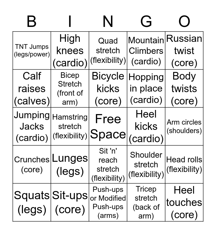 Physical Activity Bingo Card