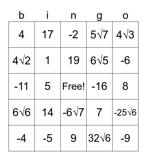equations + radicals! Bingo Card