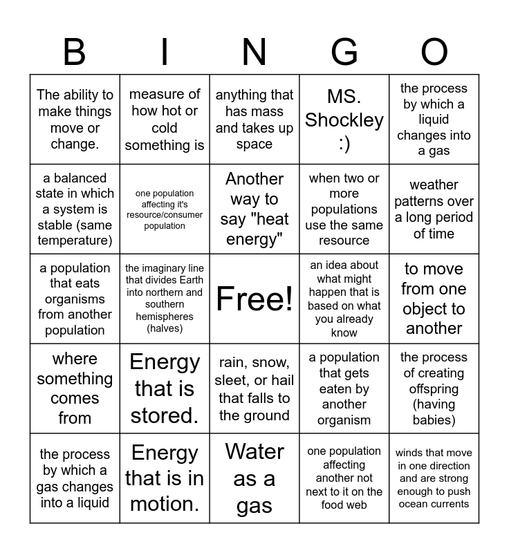 6th Grade Science Bingo Card
