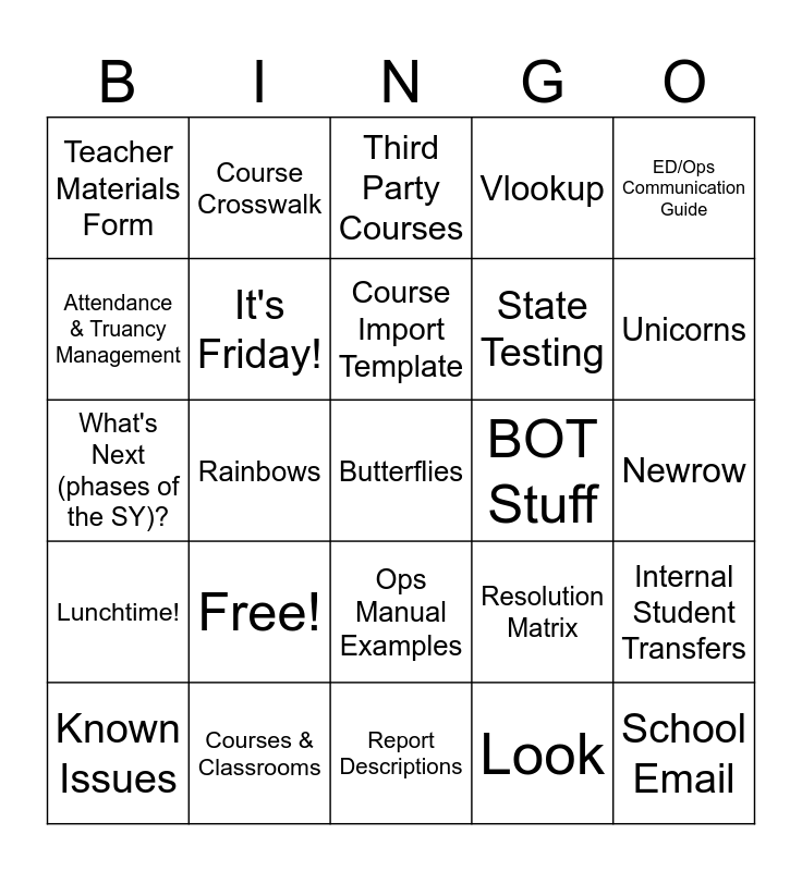 Ops One Stop Bingo Card