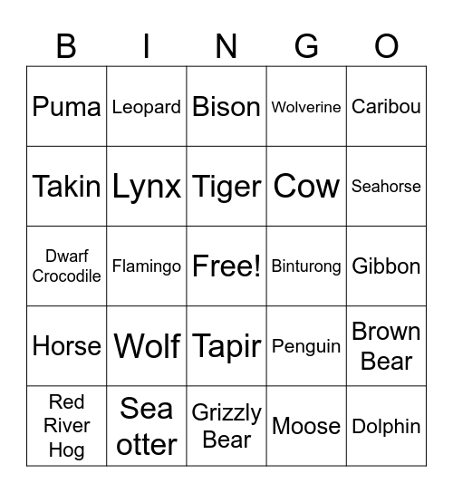 Zoo Bingo Card
