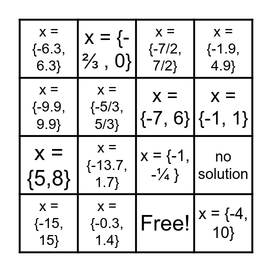 Solving Quadratic Equations Bingo Card