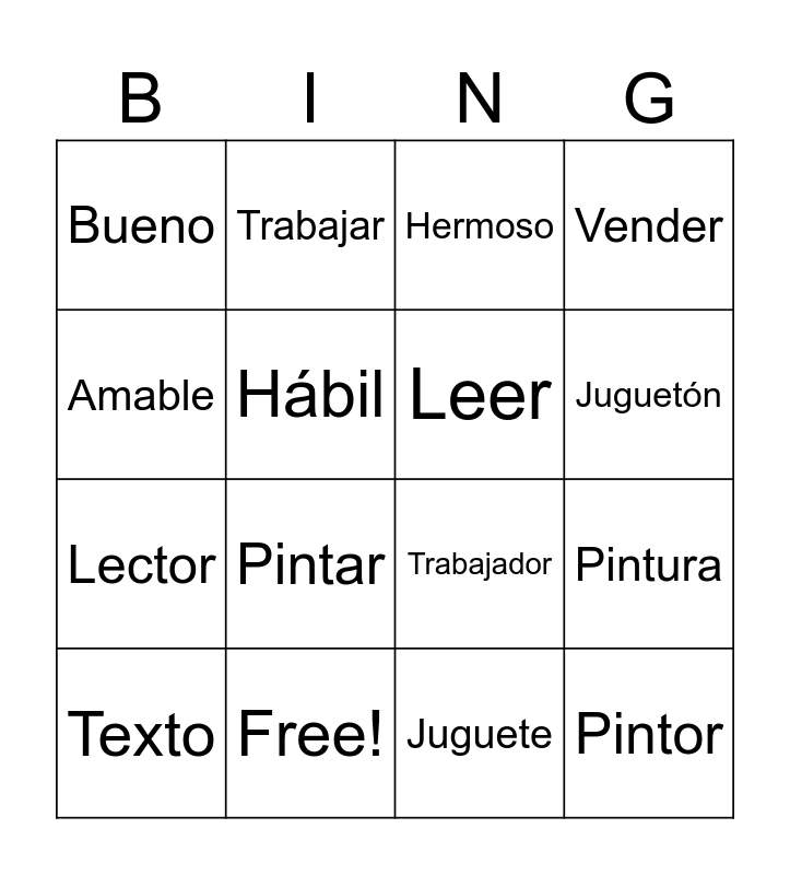 Sustantivos- verbos - adjetivos Untitled Bingo Card