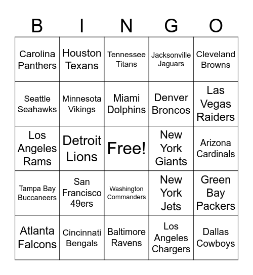 NFL Bingo Card