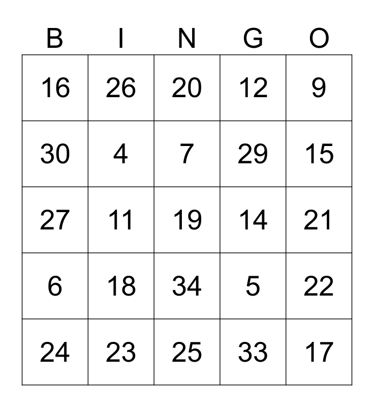 Numbers 1-32 Bingo Card